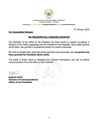 Jubilee House denies granting Presidential pardons - Graphic Online