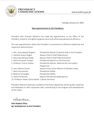 LIST of 20 names appointed by President Mahama to work in his office ...